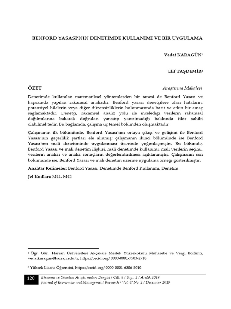 Benford Yasasi Nin Denet Mde Kullanimi Ve B R Uygulama (#813584 ...