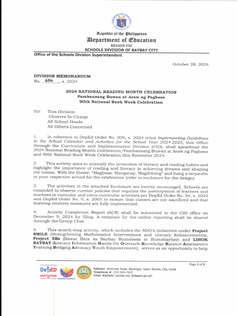 DM No 686 S. 2024 2024 National Reading Month Celebration Pambansang ...