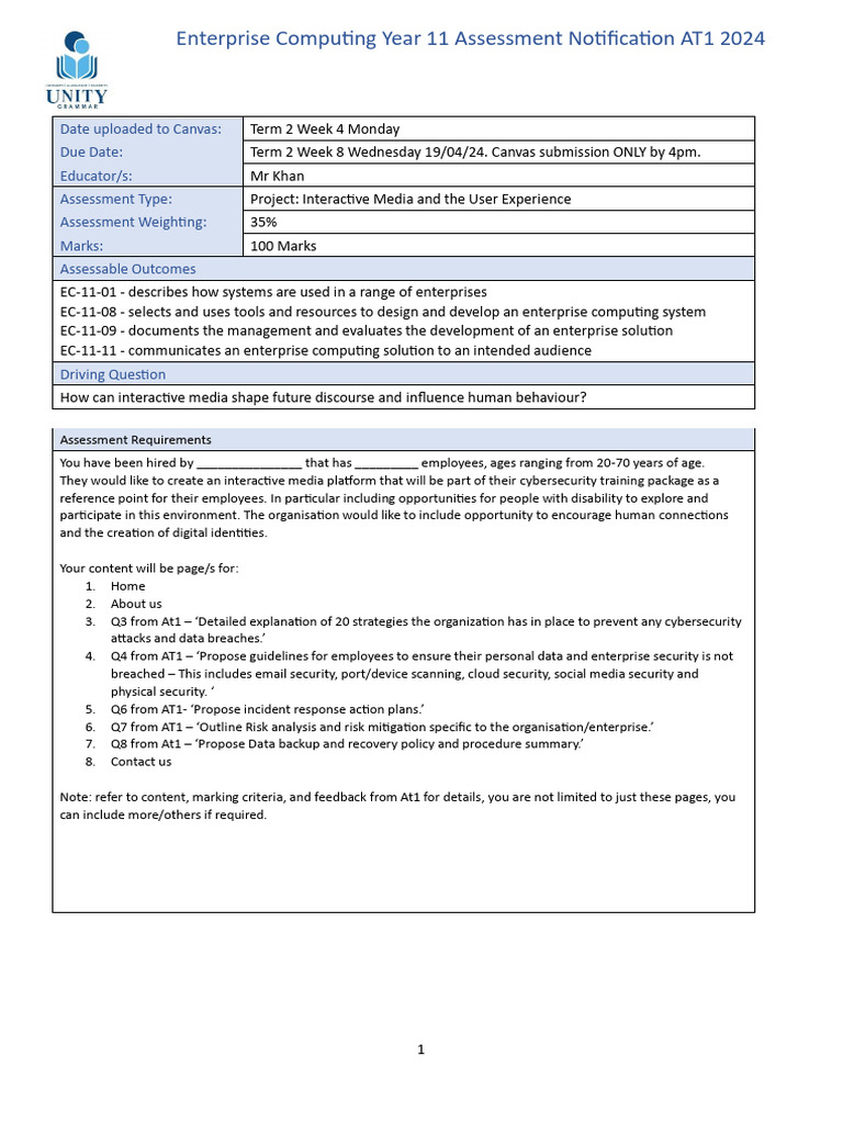 EnterpriseComputing AT2 Y11 2024-1 | PDF | Computer Security | Security