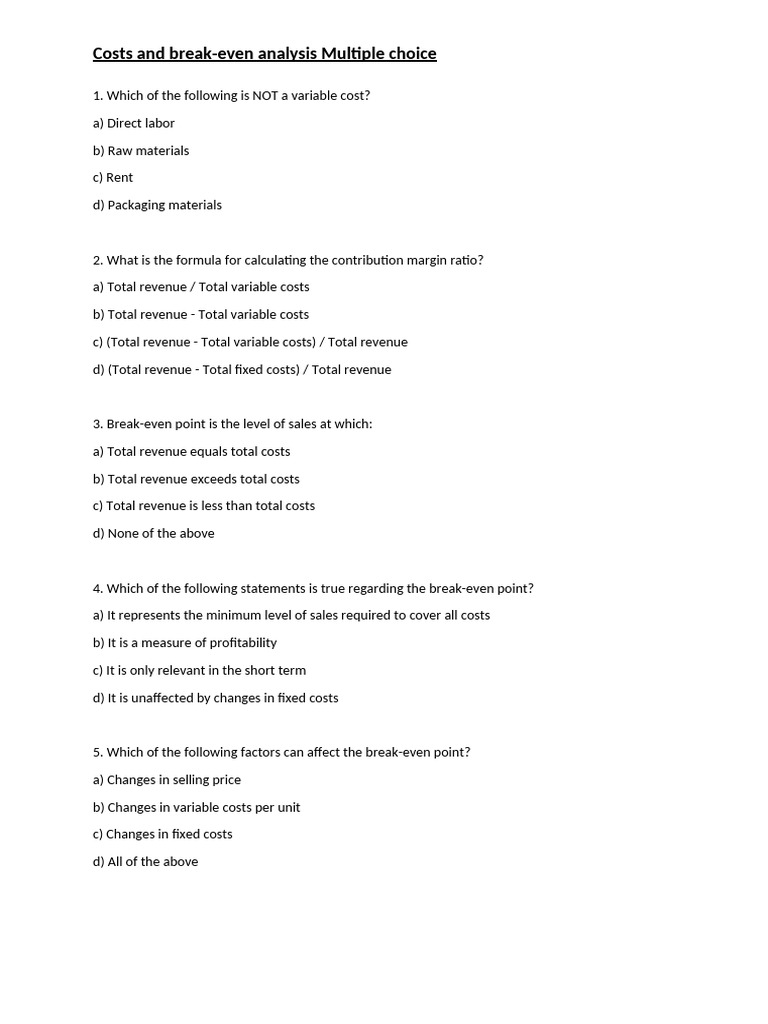 Costs-and-break-even-analysis-Multiple-choice | PDF