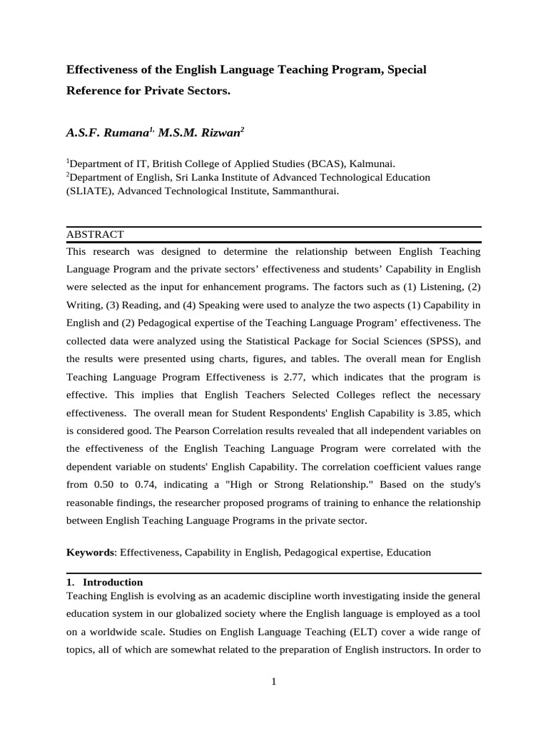 Effectiveness of The English Language Teaching Program, Special ...
