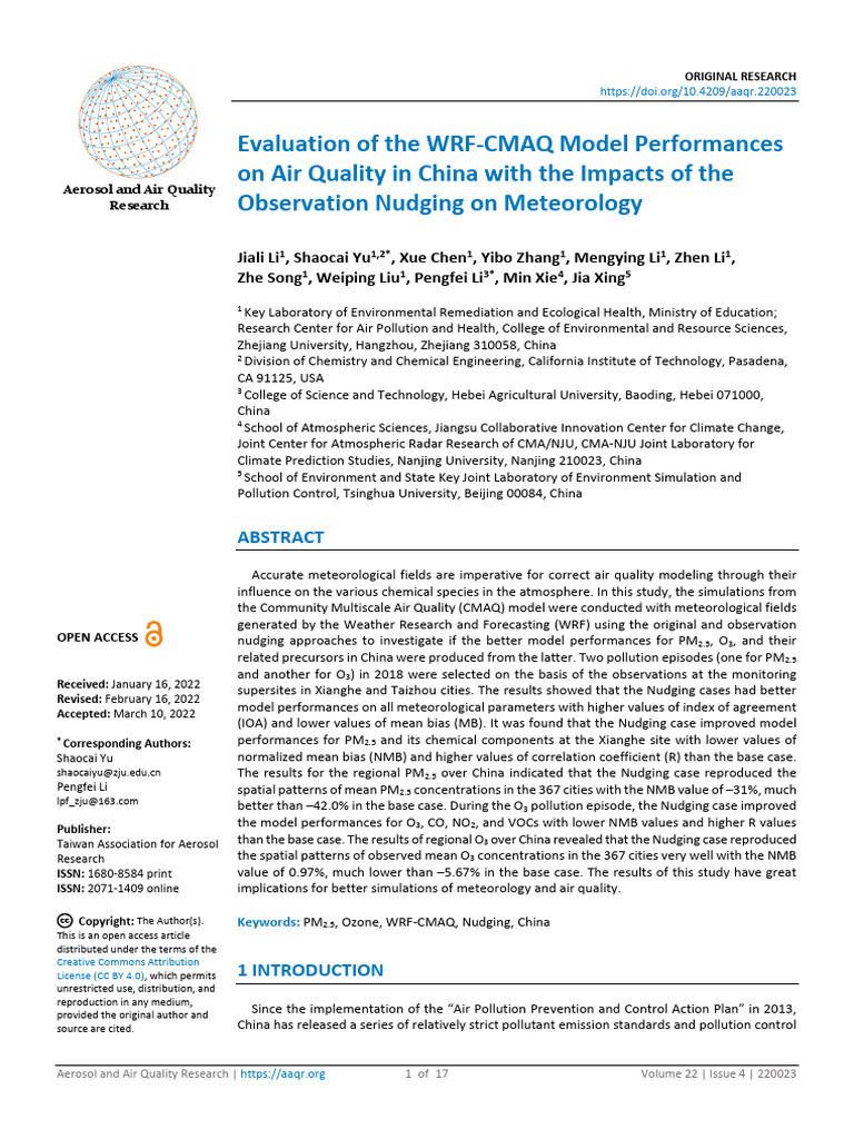 Evaluation of The WRF-CMAQ Model Performances On Air Quality in China With The Impacts of The ...