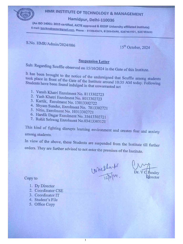3A, 3B, 5B, 7C Student Suspension Letter | PDF