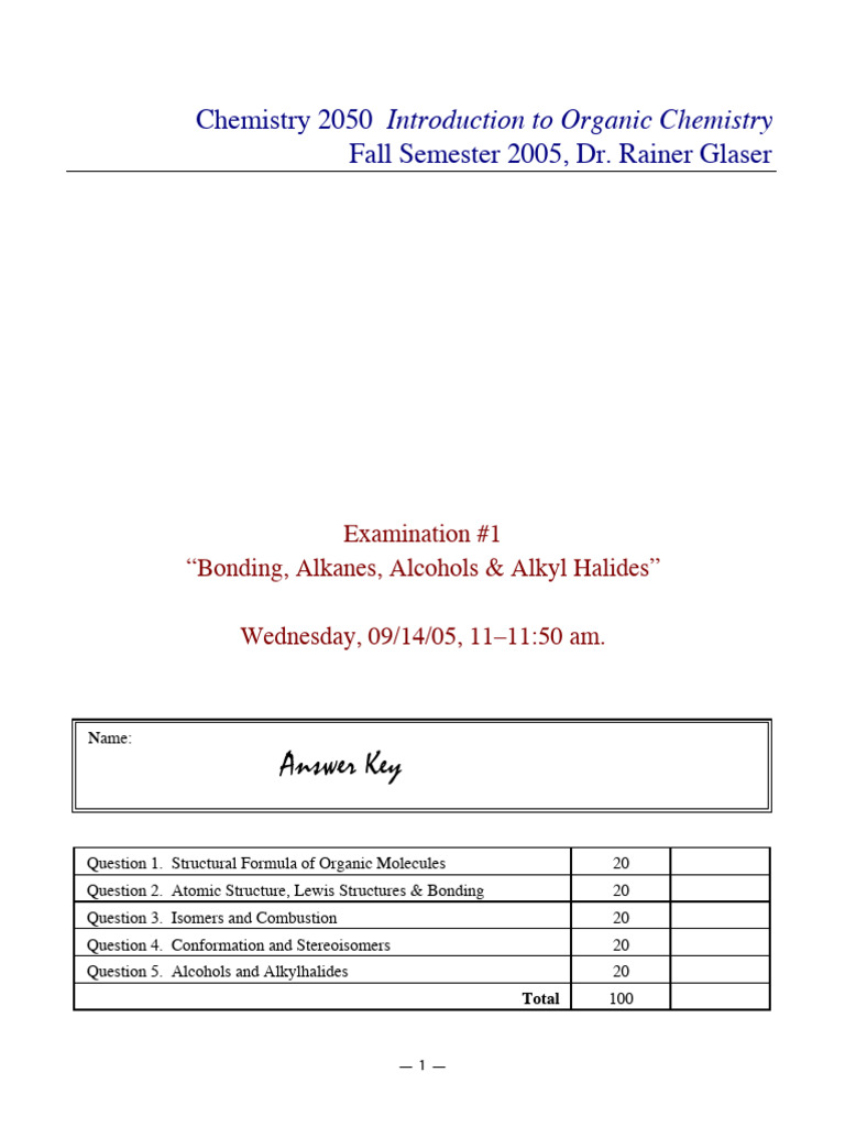 Exam1 2050f05 Ak Pdf Alkane Conformational Isomerism
