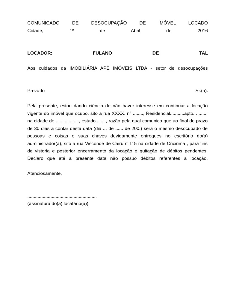 Comunicado de Desocupação de Imóvel | PDF
