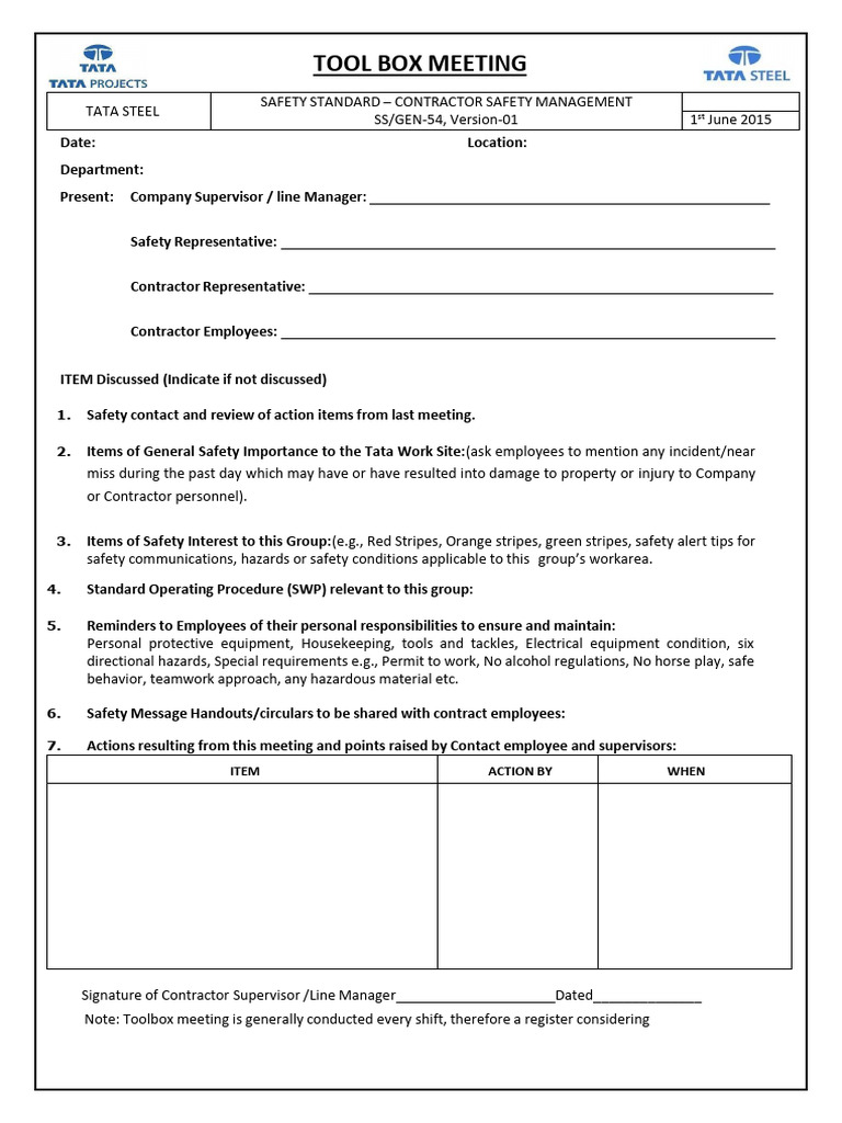TSL Tool Box Meeting Blank Format | PDF