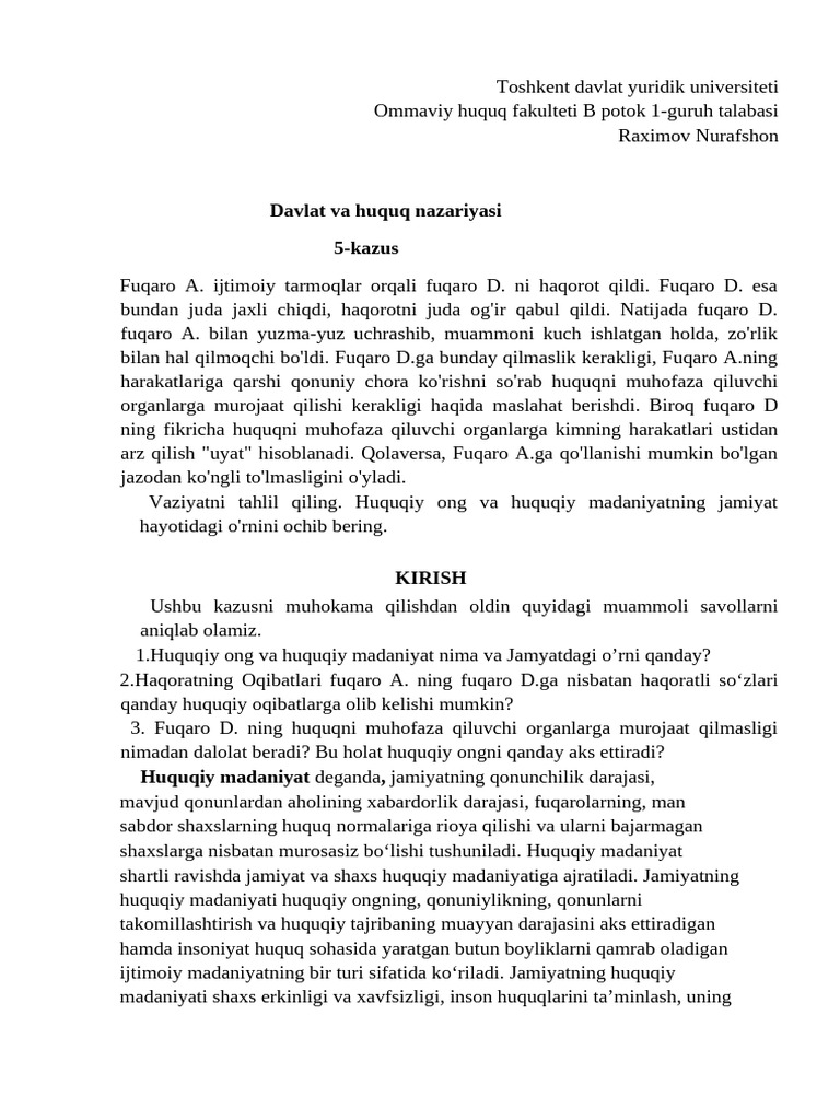Davlat Va Huquq Nazariyasi Kazus | PDF