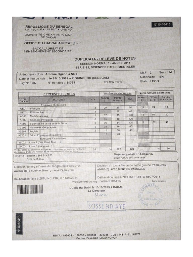 Mon Relevé Du BAC | PDF