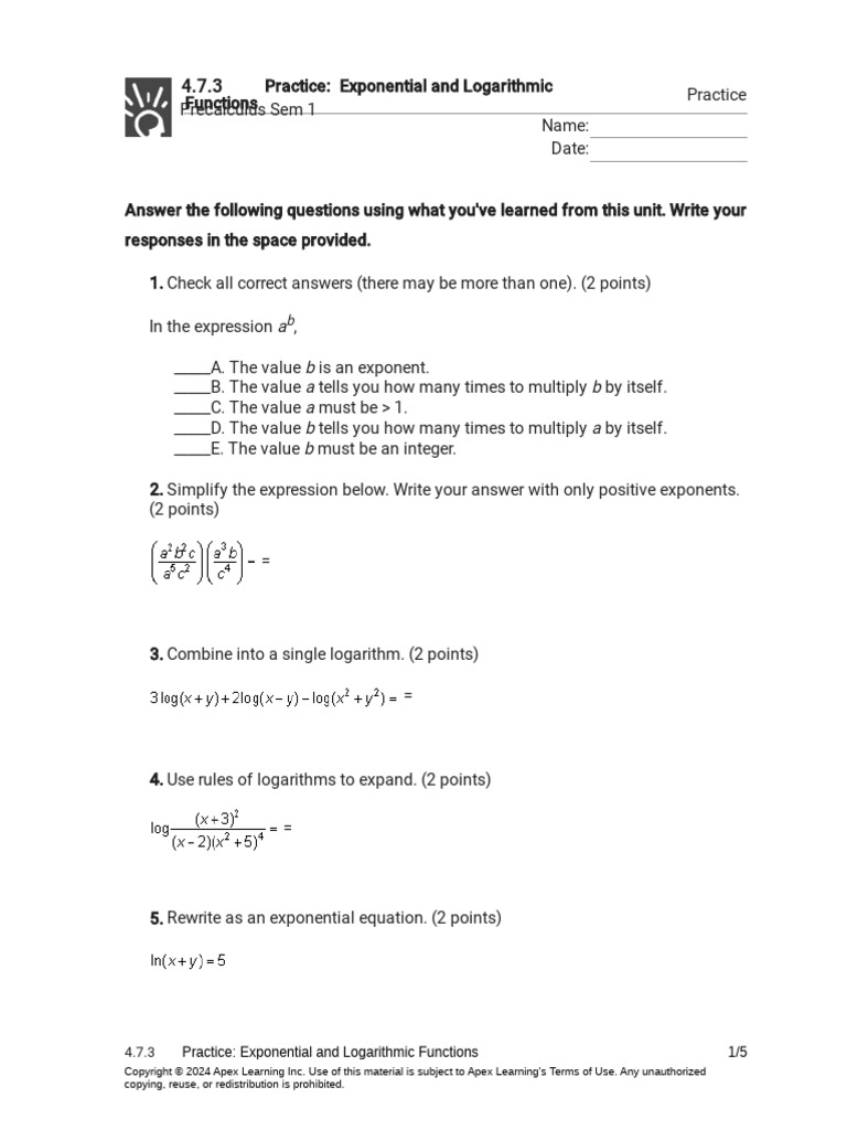 4.7.3 Practice - Exponential and Logarithmic Functions (Practice) | PDF | Exponentiation ...