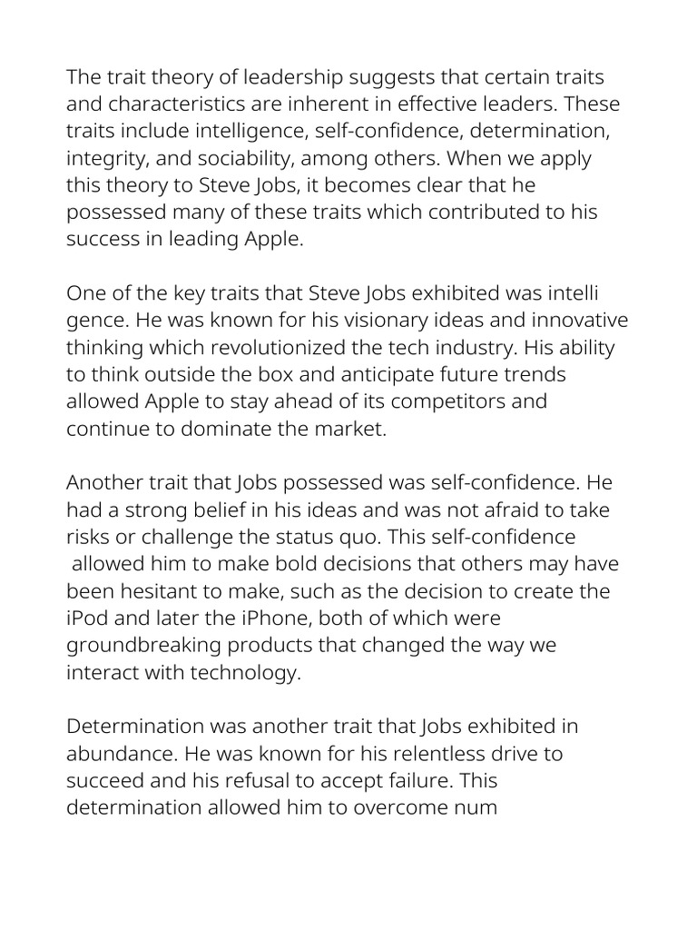 Explain How the Trait Theory of Leadership Applies to Steve Jobs in ...