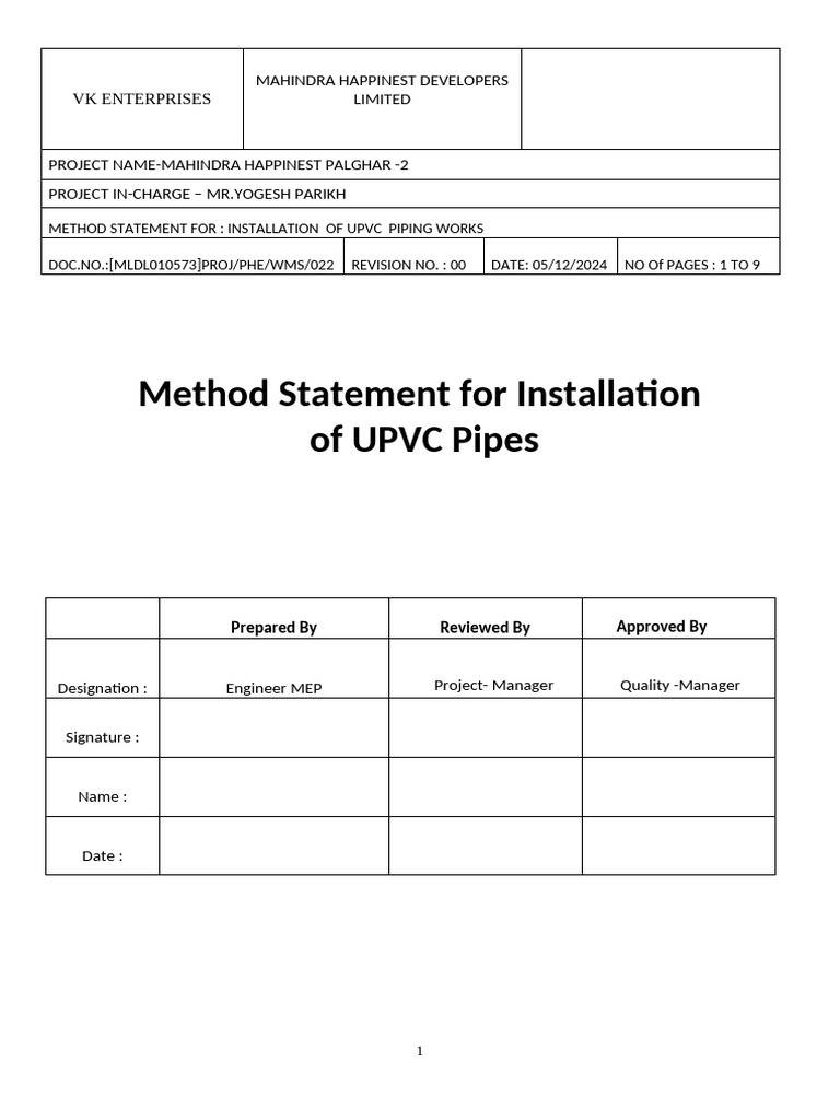 PHE-WMS-026- Installation of UPVC Pipes | PDF | Pipe (Fluid Conveyance ...