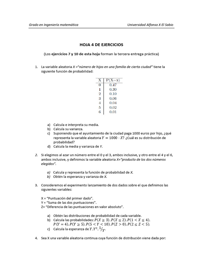 Hoja4 Estadistica | PDF | Función de densidad de probabilidad | Variable aleatoria