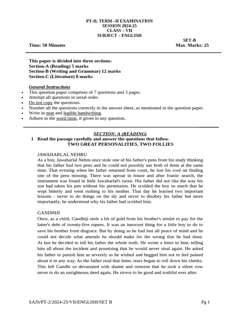 CLASS 7 PT 2, SET B QP (1) | PDF