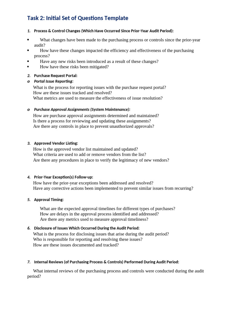 Task 2- Initial Set of Questions Template | PDF | Audit | Risk