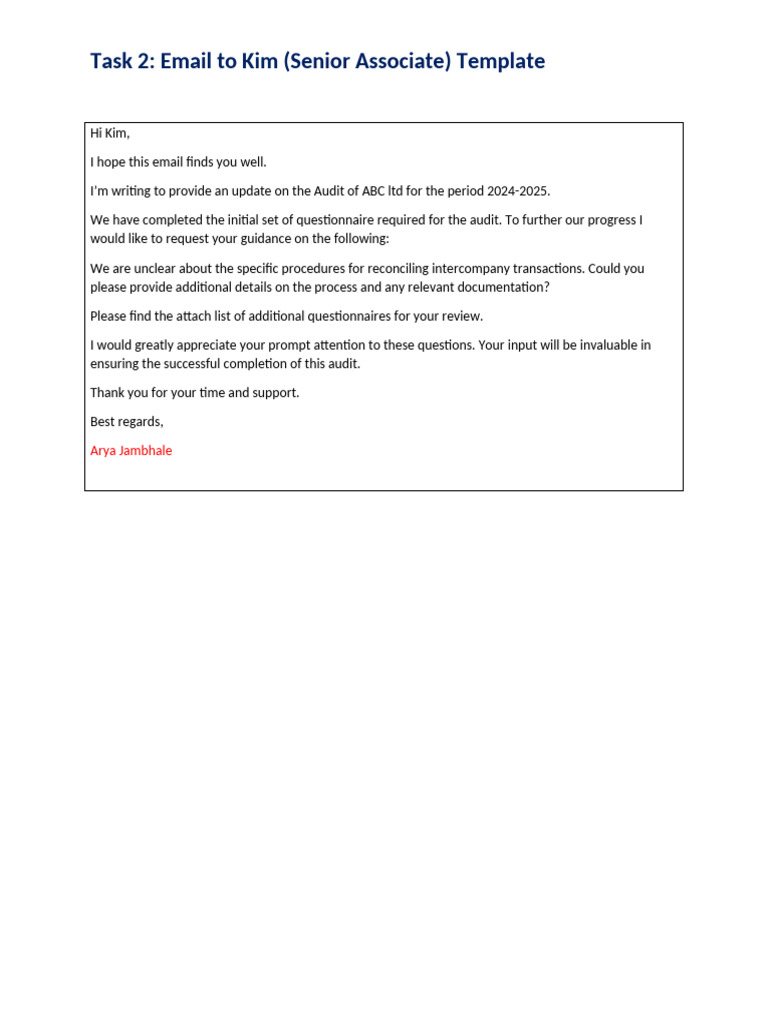 Task 2- Email to Kim (Senior Associate) Template | PDF
