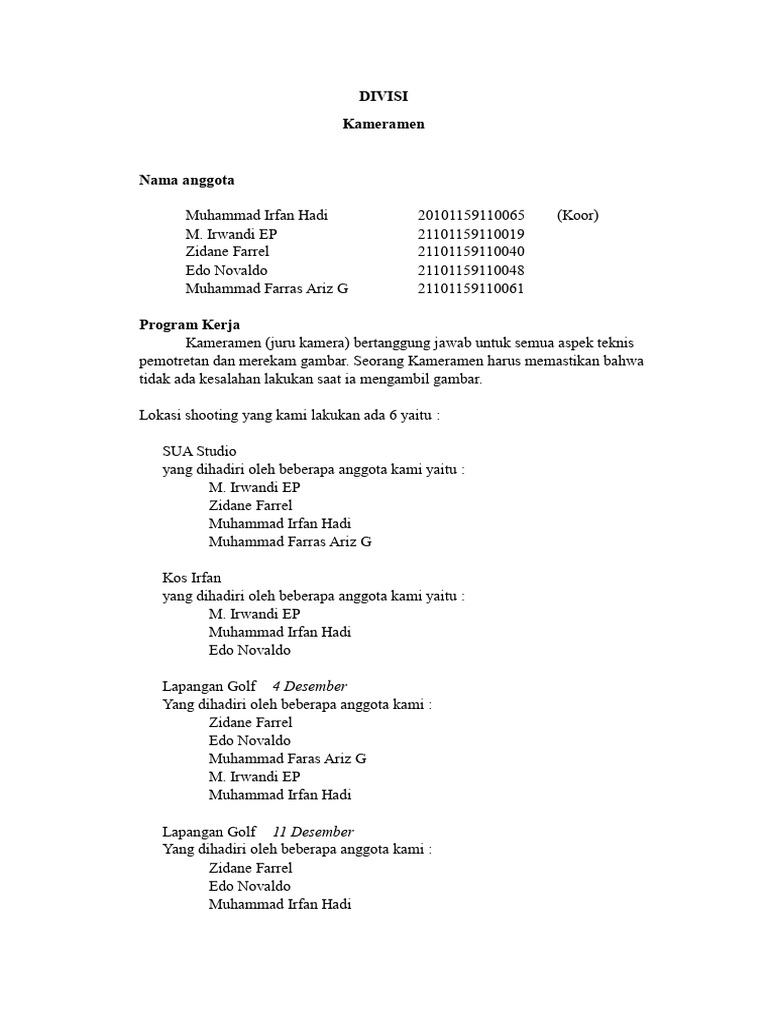 Laporan divisi KAMERAMEN | PDF