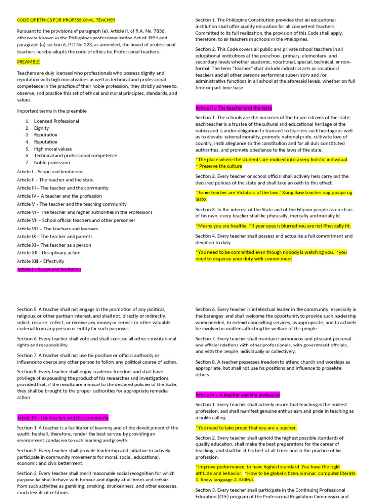 Code of Ethics For Professional Teachers | PDF | Teachers | Dignity