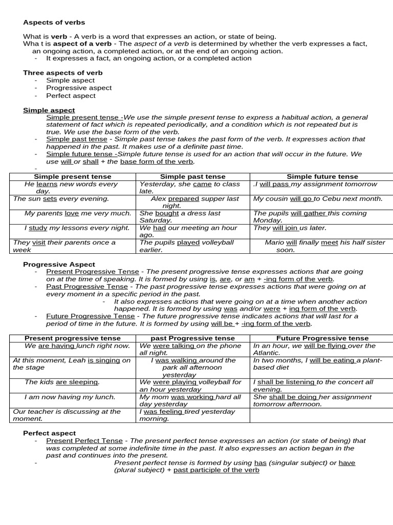 aspects of verb + point of view | PDF | Grammatical Tense | Perfect (Grammar)