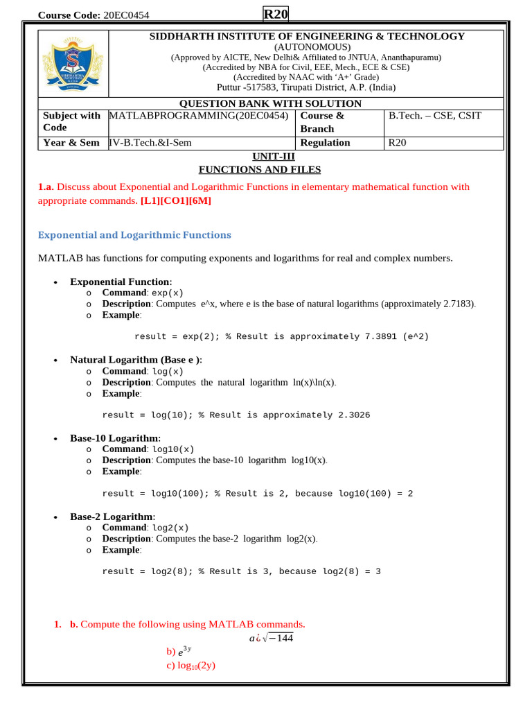 MatLab Unit 3 Questions With Answers | PDF | Trigonometric Functions | Complex Number