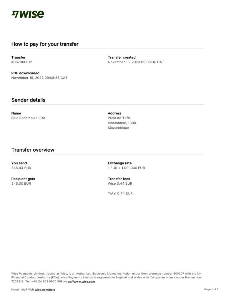 Wise Transfer Receipt for EUR Payment | PDF | Regulation | Banking