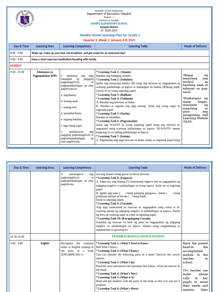 Grade 2 All Subjects WHLP q2 w1 | PDF