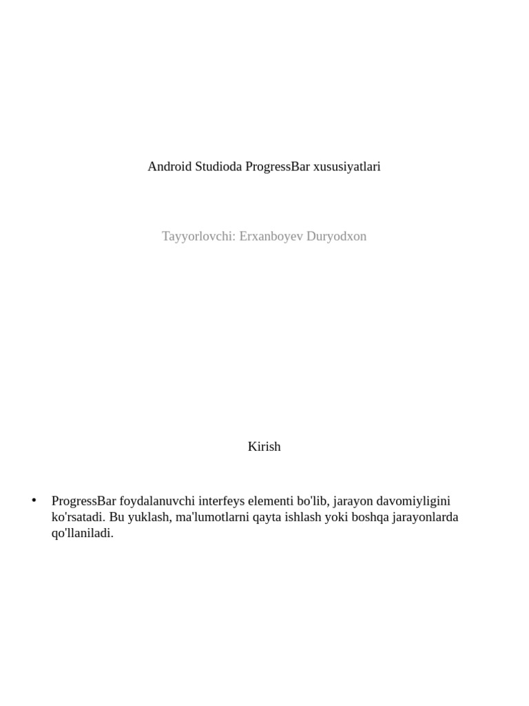 Android ProgressBar Taqdimot Duryodxon | PDF | Java Platform | Object Oriented Programming