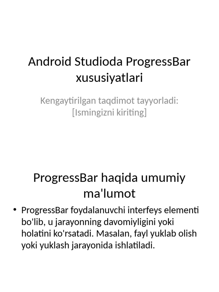 Android ProgressBar Expanded Taqdimot | PDF | Java Platform | Programming Paradigms