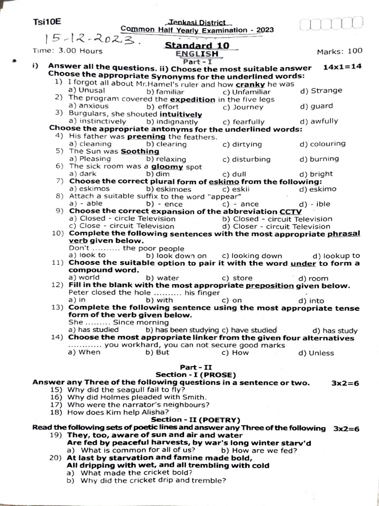 10th English Half Yearly Exam 2023 Pdf Poetry