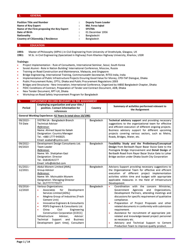 LE01, Md. Feroz Iqbal - DTL - CV | PDF | Procurement | Road