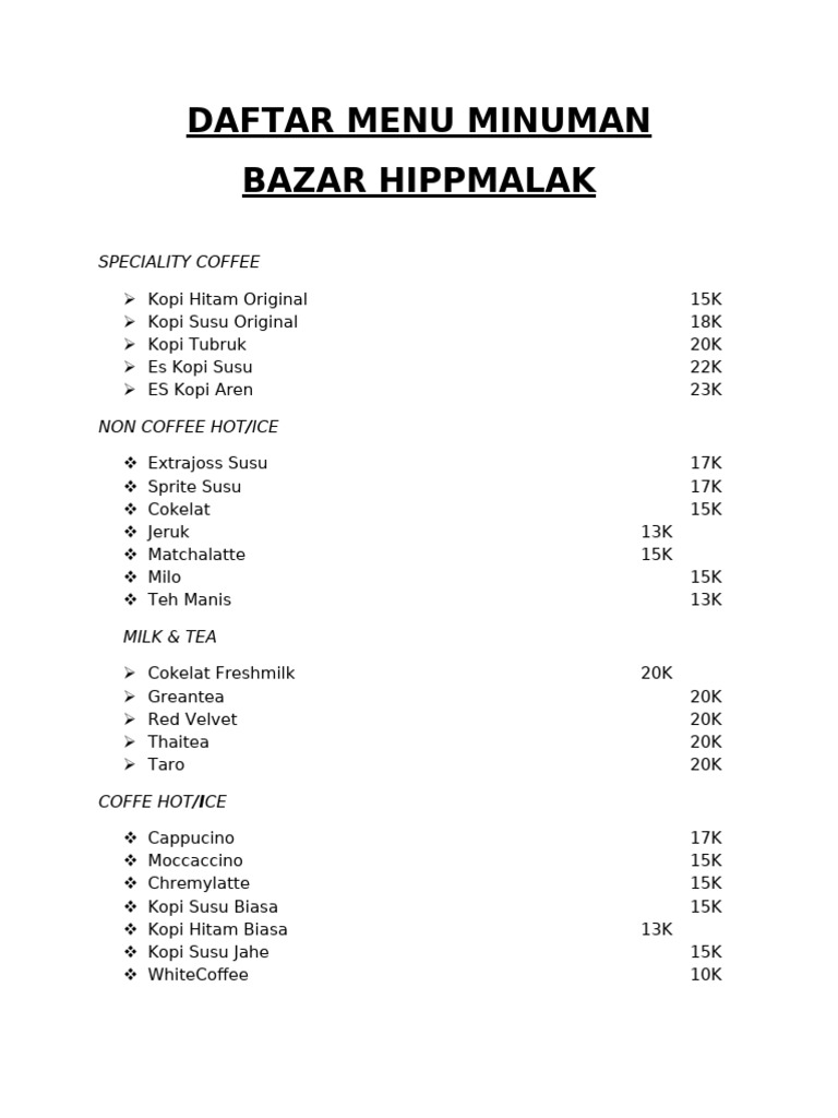 Daftar Menu Minuman | PDF | Hot Drinks | Coffee