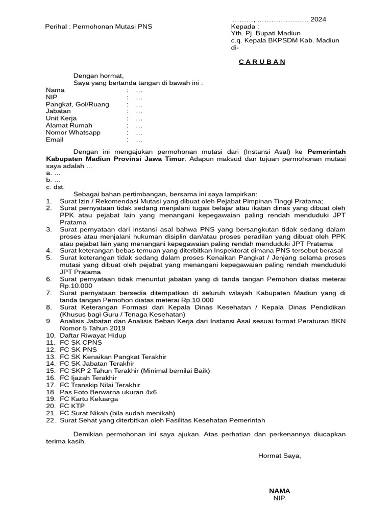 Surat Permohonan Mutasi Masuk | PDF