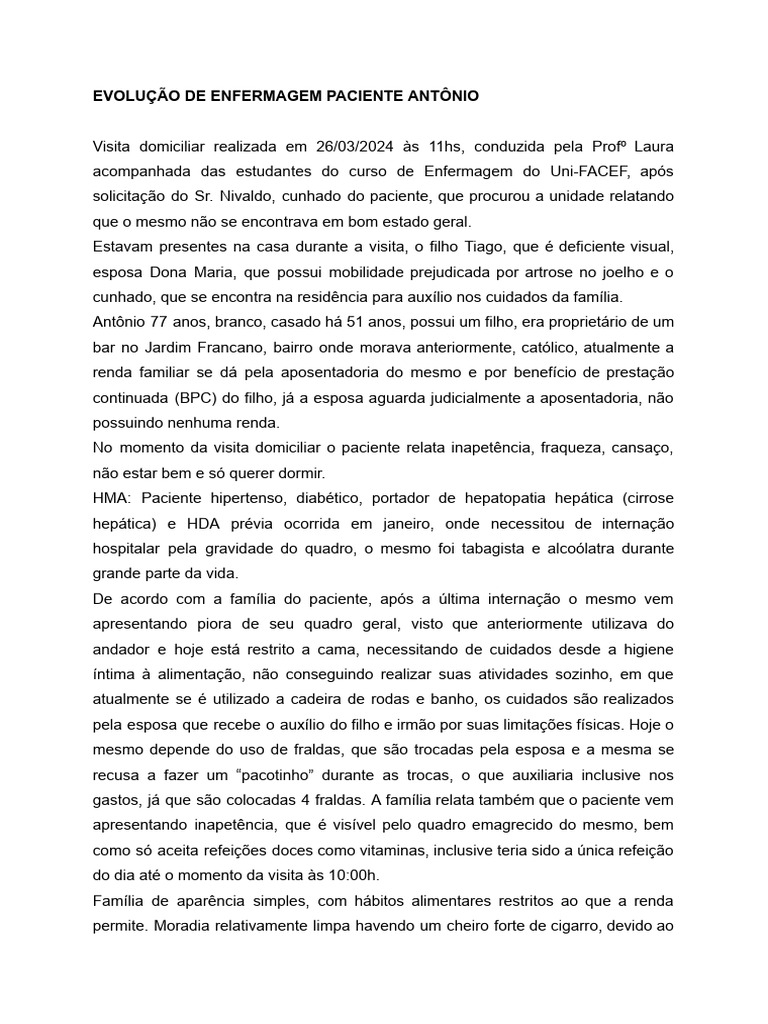Evolução de Enfermagem Paciente Antônio | PDF | Hipoglicemia ...