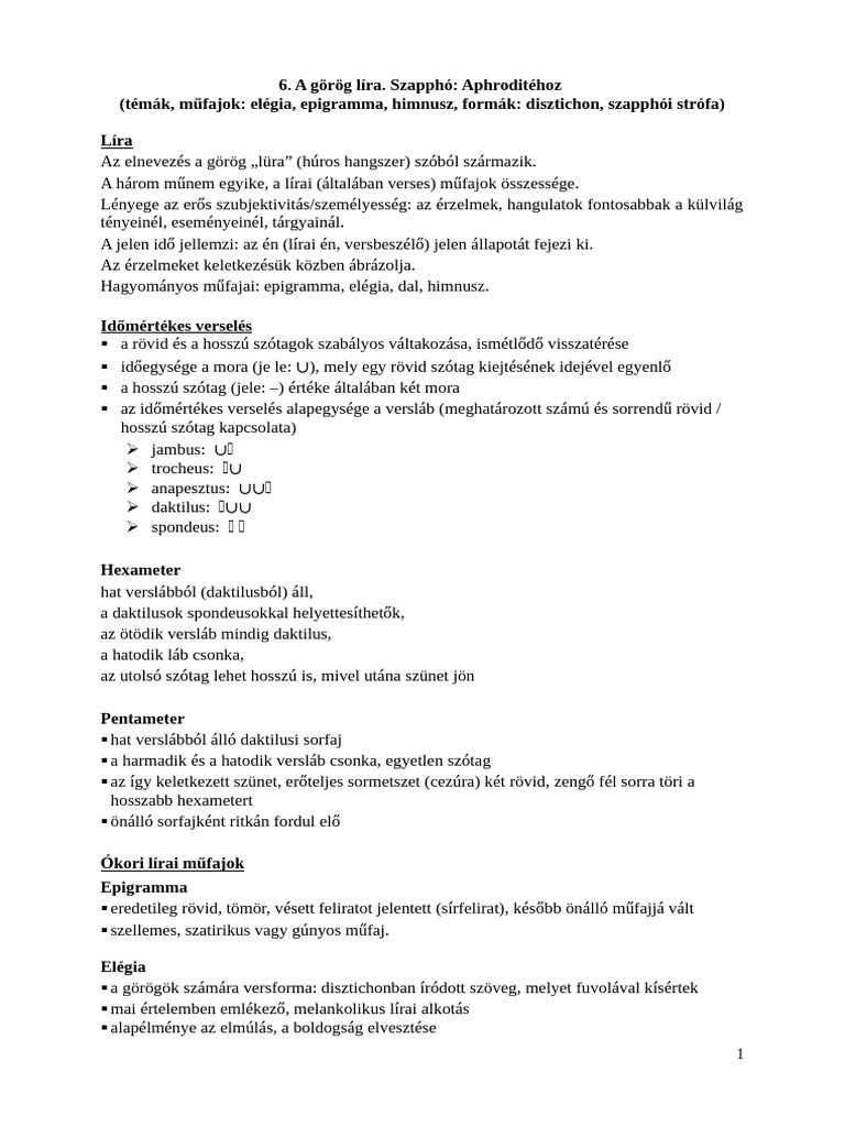 Irodalom 6 - Görög Líra. Szapphó - Aphroditéhoz. Elégia, Epigramma ...