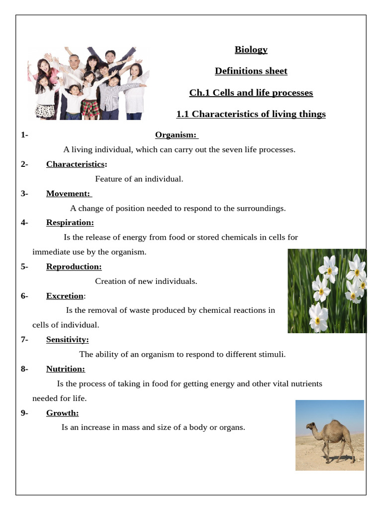 Definations sheet for lesson 1.Characteristics of living cells | PDF