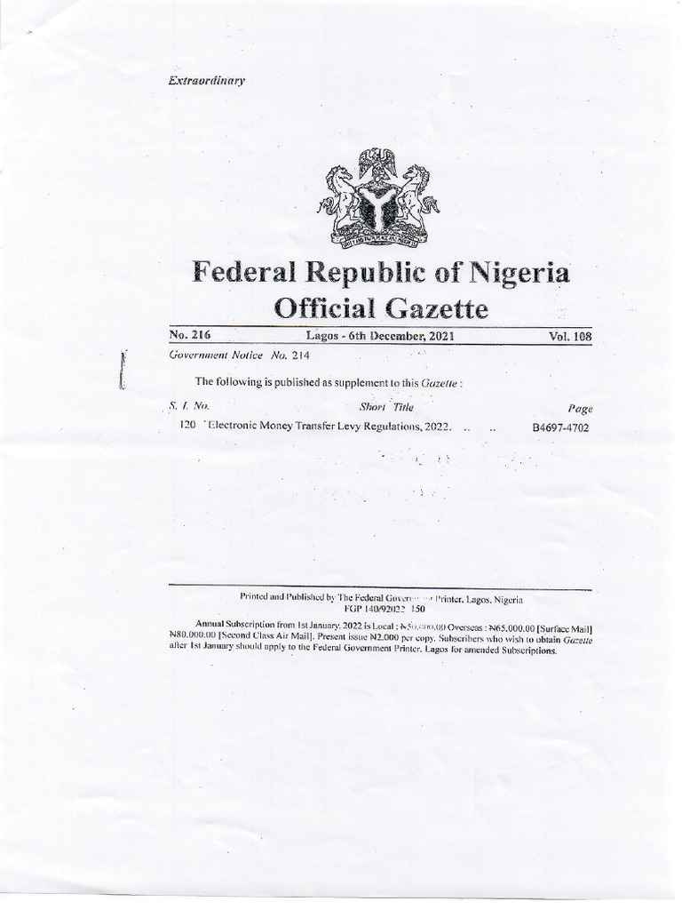 The Electronic Money Transfer Levy Regulations 2022 | PDF