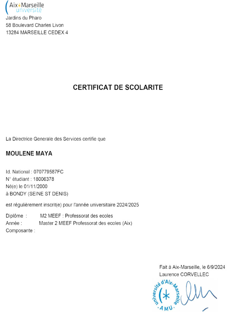 Certificat Scol 24 - 25 | PDF