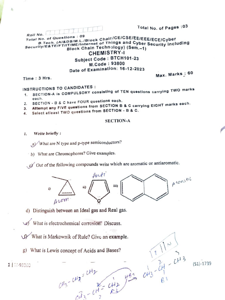 Ptu Chemistry December 2023 | PDF | Chemical Reactions | Molecules