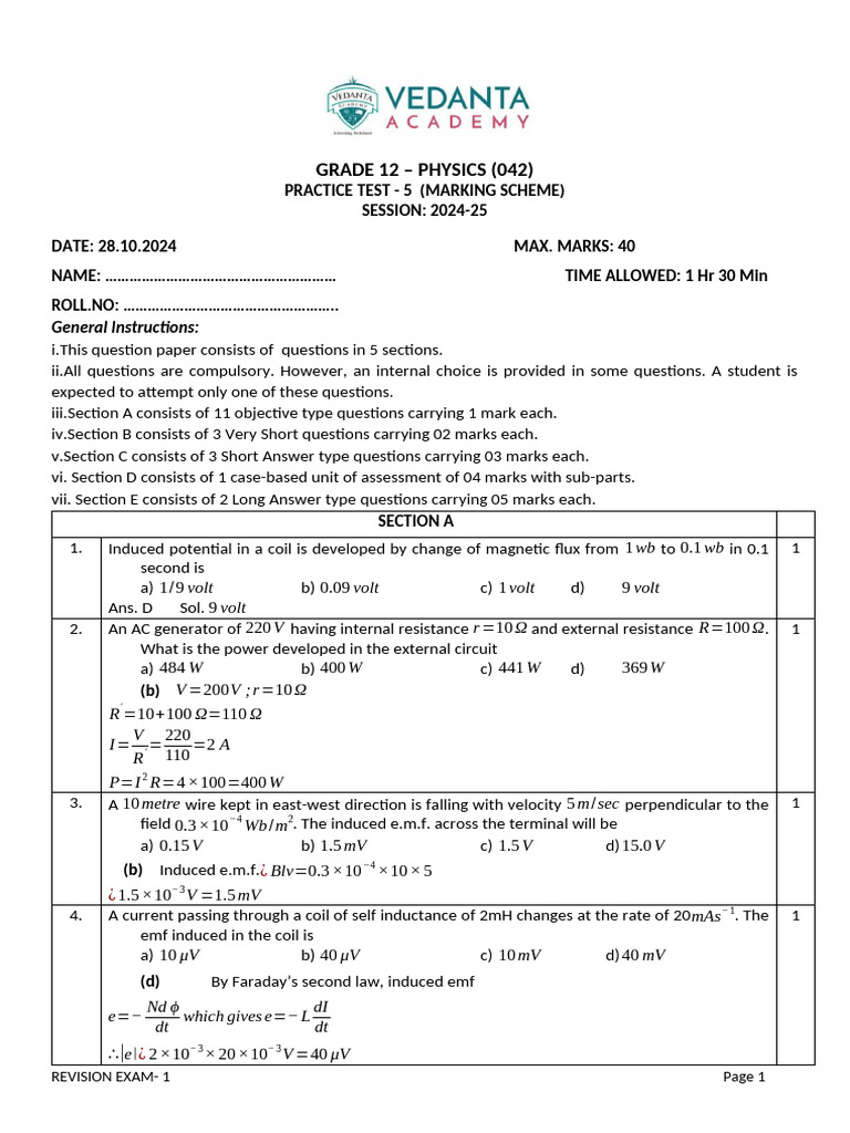 Grade 12 Physics Practice Test 5 | PDF | Electromagnetic Induction ...