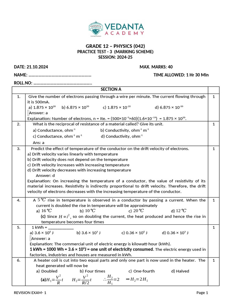 Grade 12 Physics Practice Test Key | PDF | Electrical Resistivity And ...