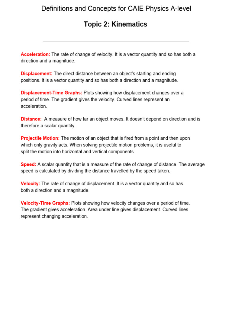 Definitions & Notes - Topic 2 Kinematics - CAIE Physics A-level | PDF ...
