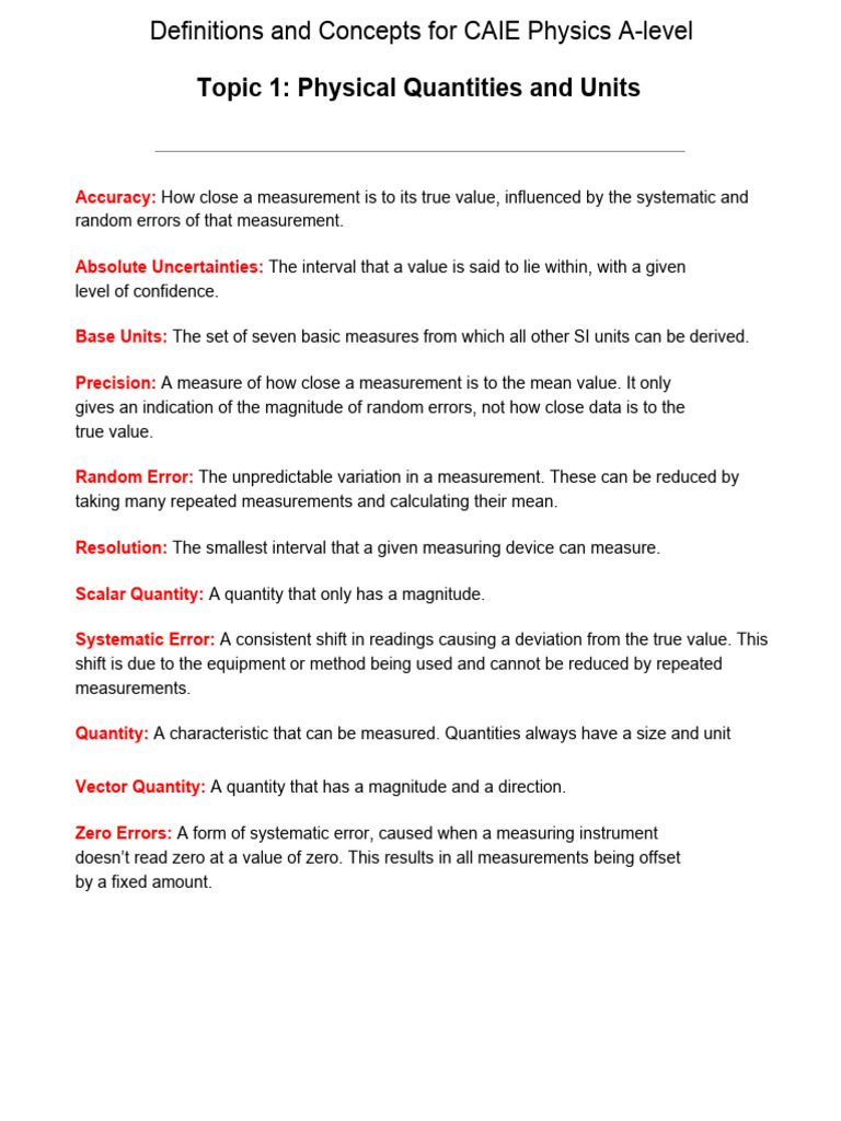 CAIE A-Level Physics: Quantities & Units | PDF | International System ...