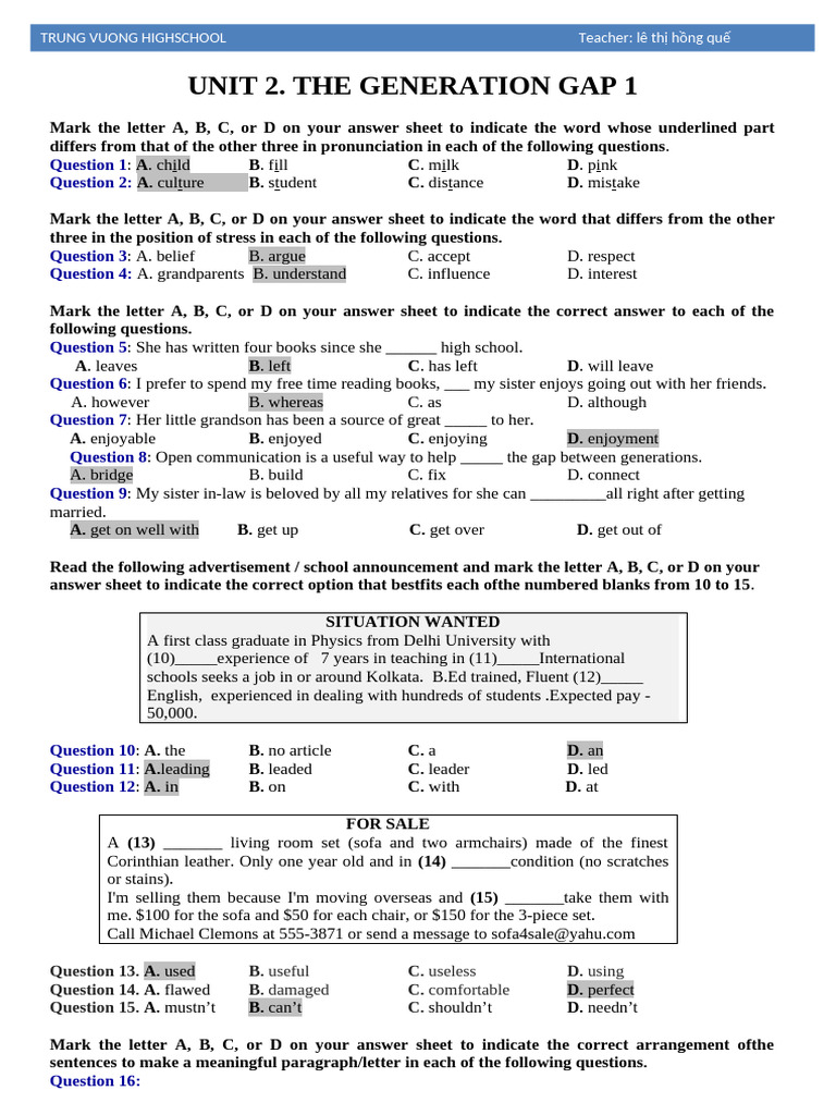 Unit 2 The Generation Gap | PDF | Time Management | Professional Skills