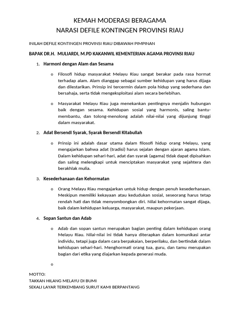 Narasi Defile Kontingen Provinsi Riau KKMB 2024 | PDF