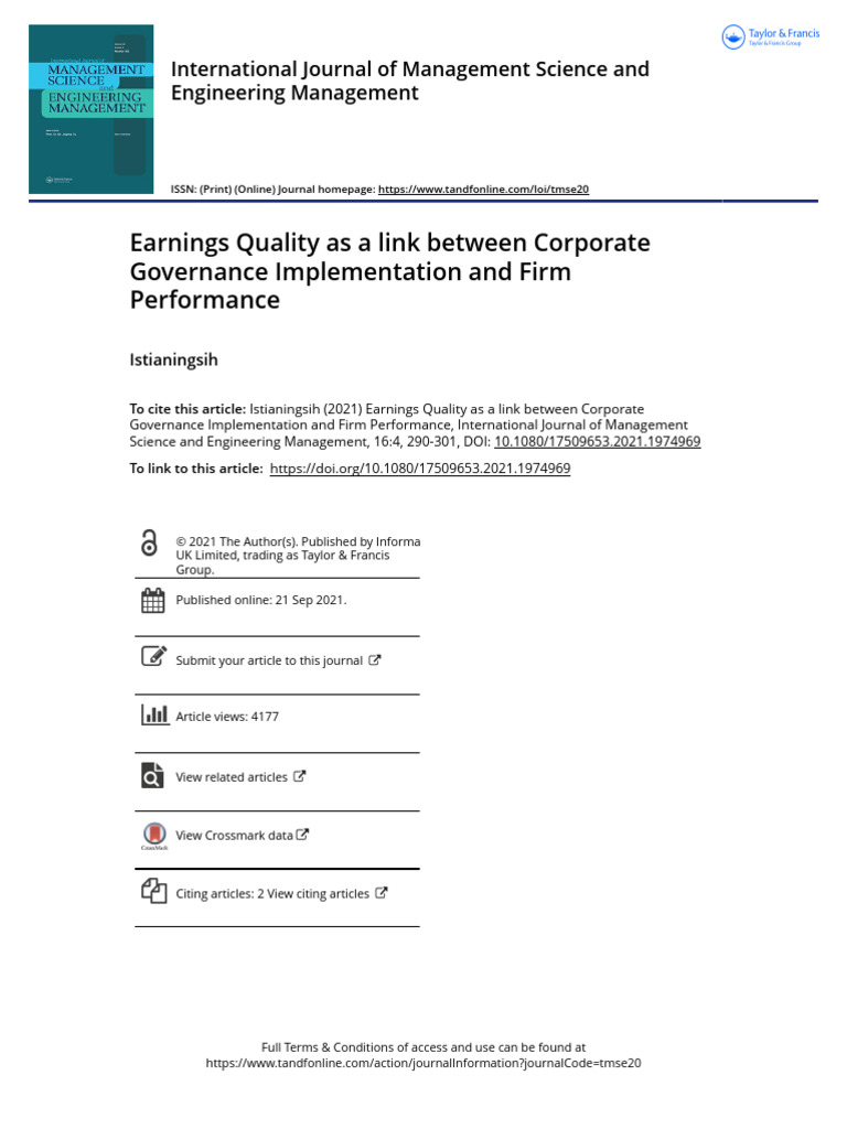 Earnings Quality Corporate Governance and Firm Performance 21 | PDF | Ordinary Least Squares ...