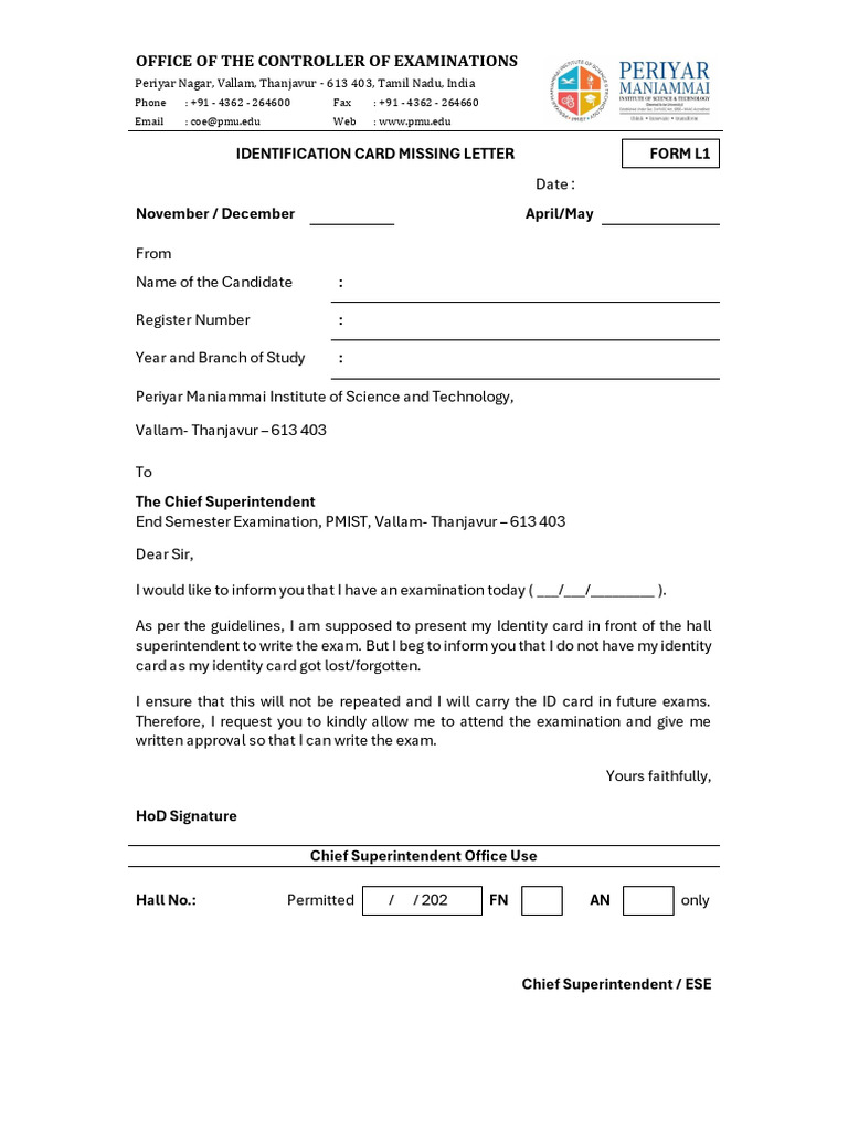 Exam ID Card Missing Request Form | PDF