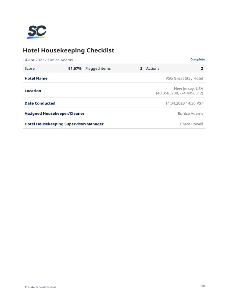 Hotel Housekeeping Checklist Sample Report SafetyCulture | PDF ...