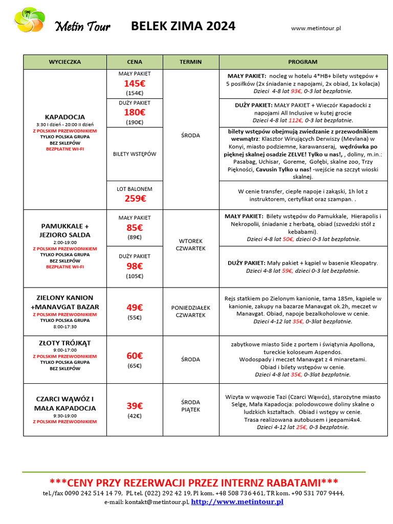 BELEK - Wycieczki - Fakultatywne - 2024 ZIMA | PDF