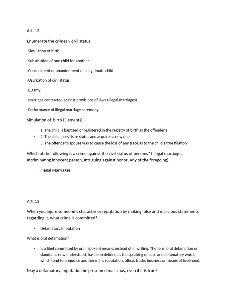 Crimes Against Civil Status and Defamation | PDF