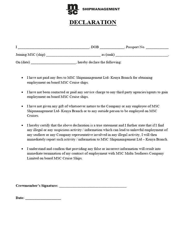 MSC Employment Declaration Form | PDF
