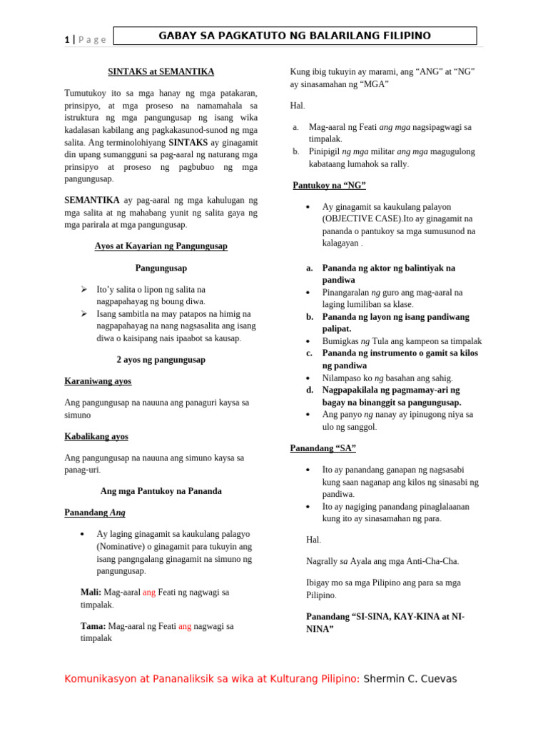 Notes para Gramatikal Sa Filipino | PDF